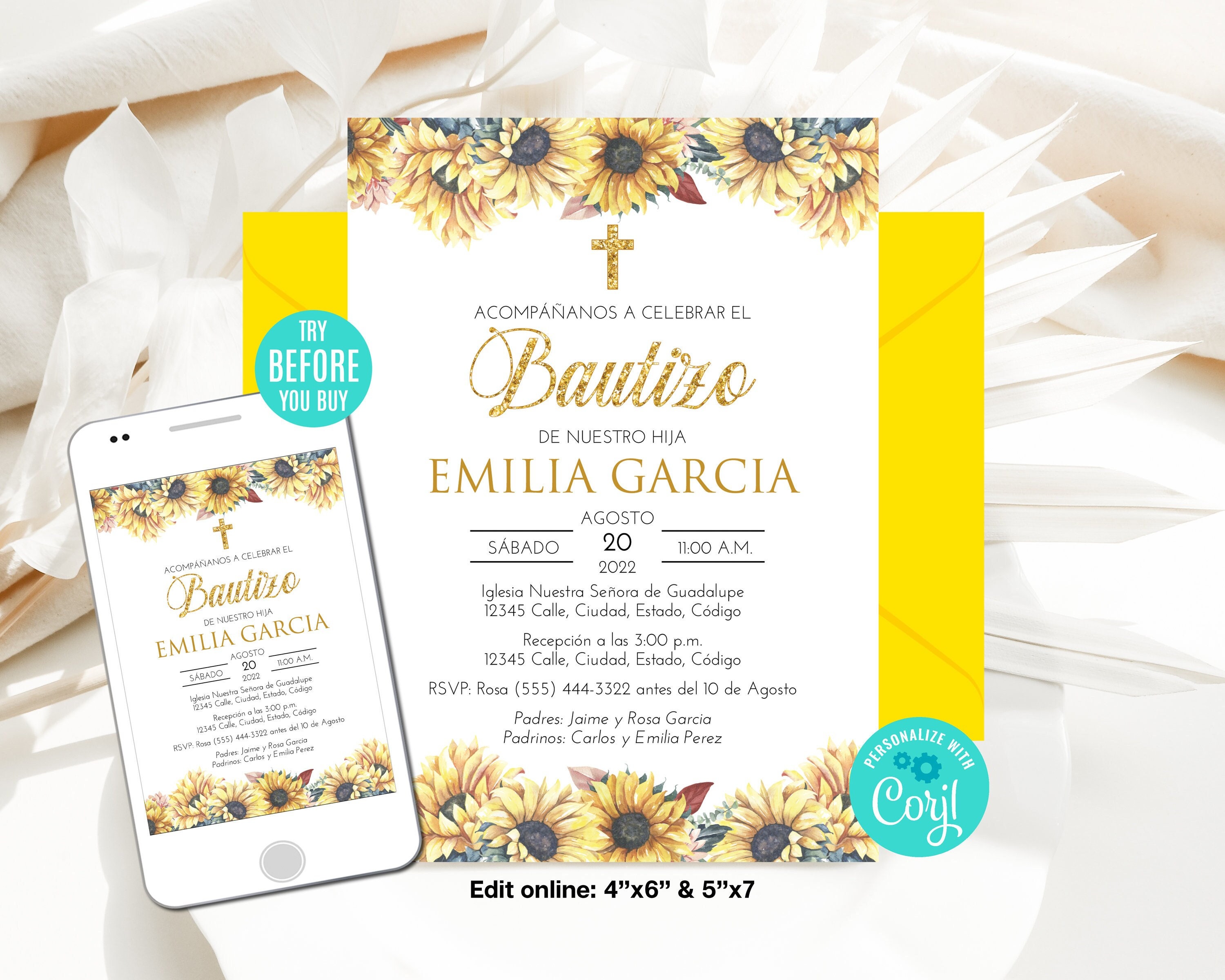 Editable Sunflower Baptism Invitation Girl Spanish Christening - Etsy