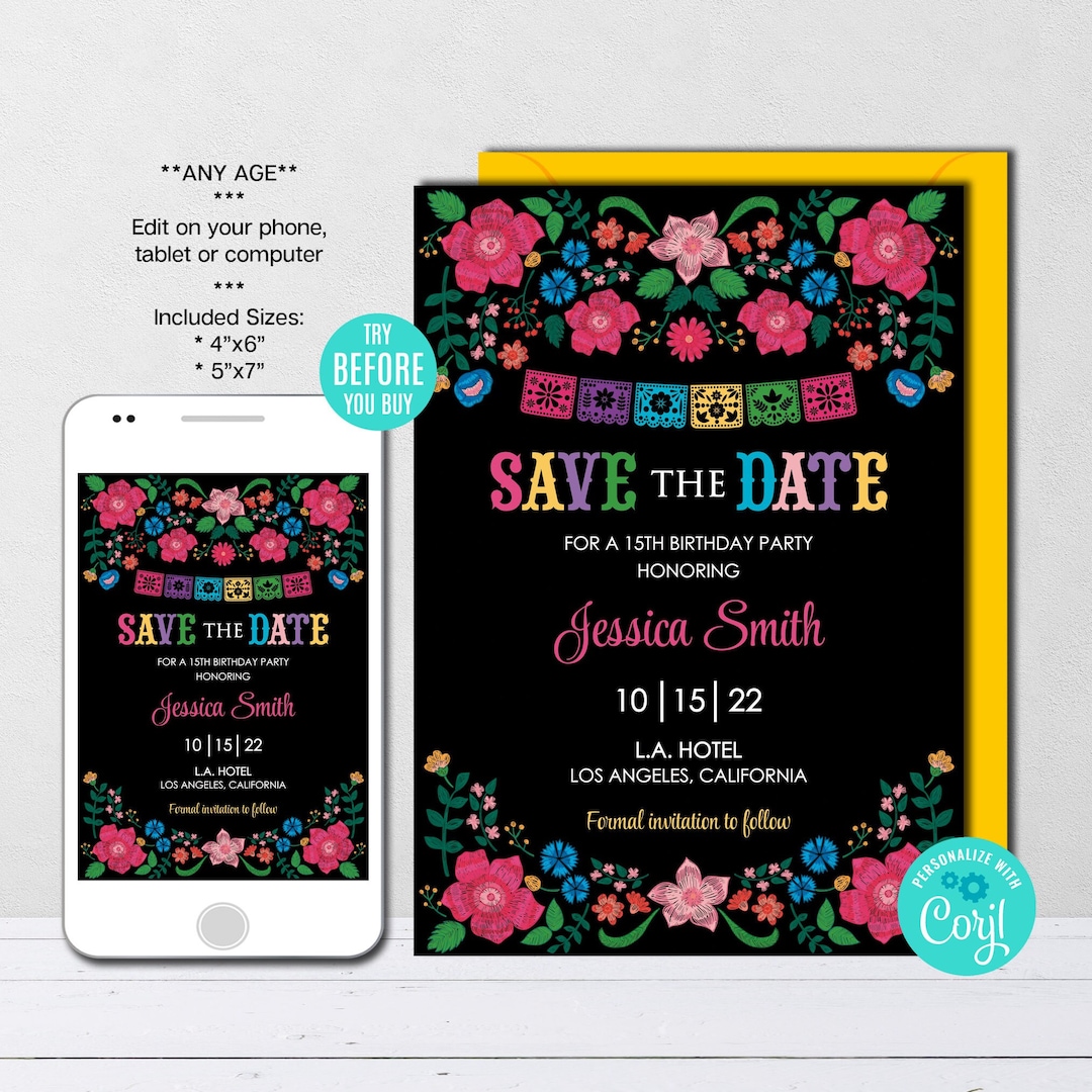 Save the Date Template, Mexican Theme, Mexican Flowers, Wedding ...