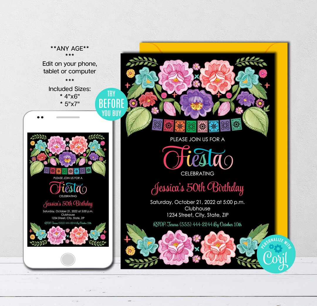 Editable Mexican Fiesta Invitation, Mexico Theme Invitation, Flowers ...