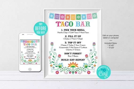 Editable Taco Bar Menu Sign Fiesta Party Menu Mexican Party - Etsy