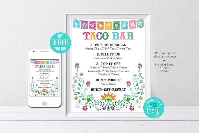 Editable Taco Bar Menu Sign, Fiesta Party Menu, Mexican Party, Mexican ...