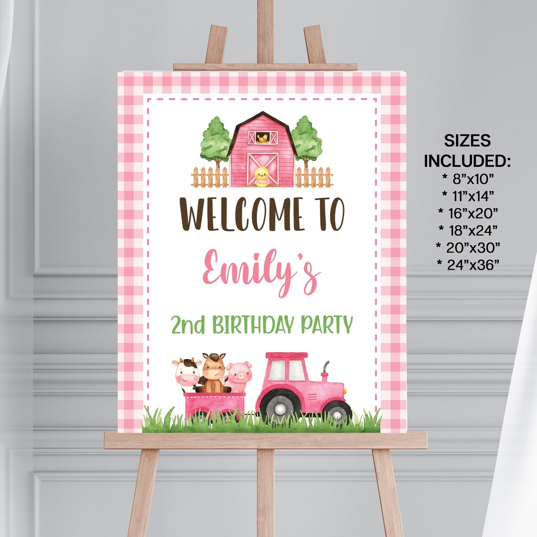 Editable Farm Birthday Welcome Sign, Pink Farm Animals Welcome Sign ...
