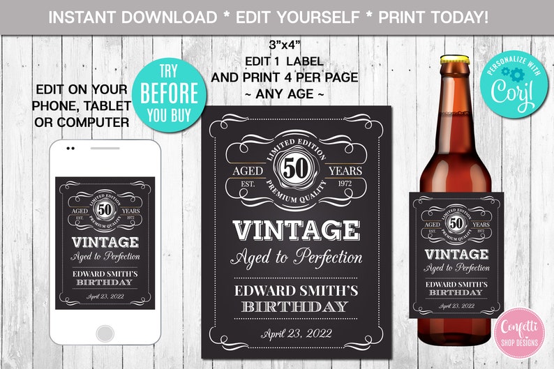 EDITABLE Cigar Labels 50th Birthday Cigar Band Any Age Aged - Etsy