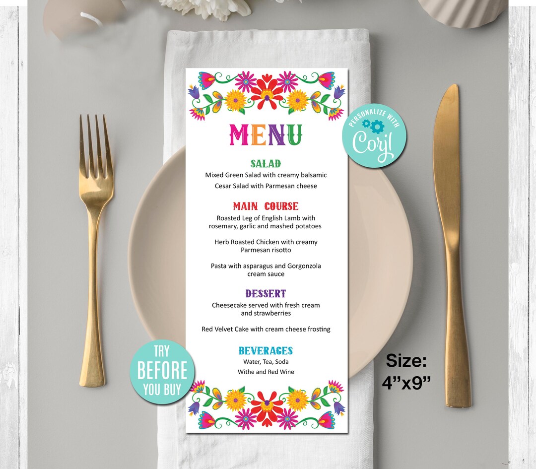 Editable Mexican Menu Card Template, Mexican Birthday, Mexican Flowers ...