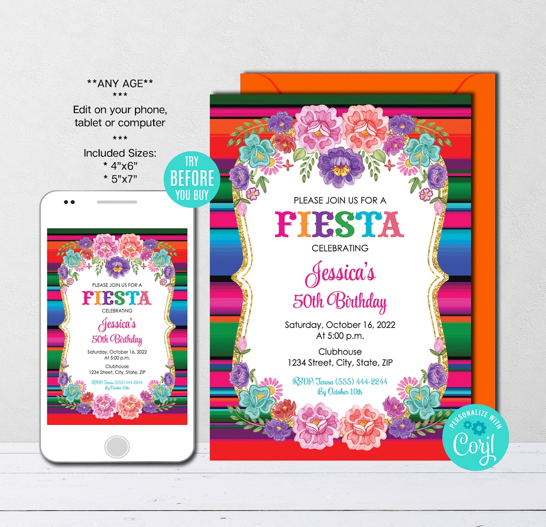 Editable Mexican Birthday Invitation, Mexican Flowers Invitation ...