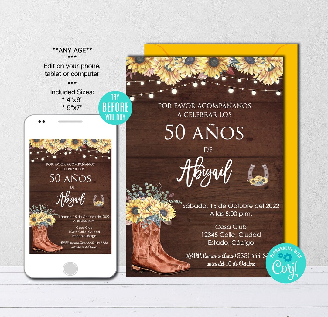 Invitación de cumpleaños de vaquera editable, español, botas ...