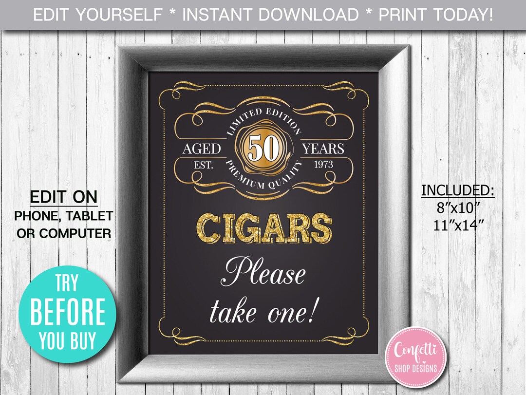 Editable Cigars Sign Age to Perfection, Birthday Party Sign, ANY AGE ...