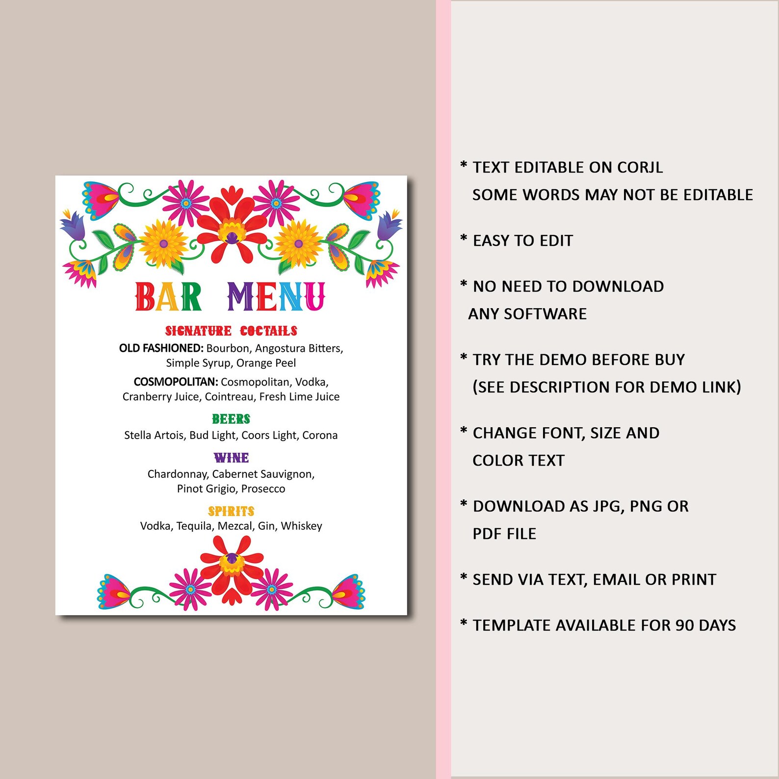 Editable Bar Menu Sign, Fiesta Party Menu Template, Mexican Party ...