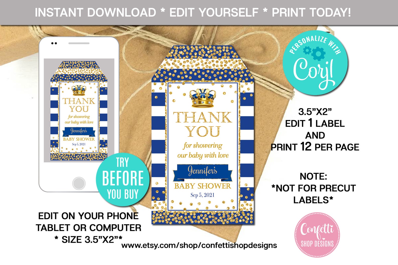 Editable Prince Favor Tag, Prince Baby Shower Favor Tag, Boy, Navy Blue ...