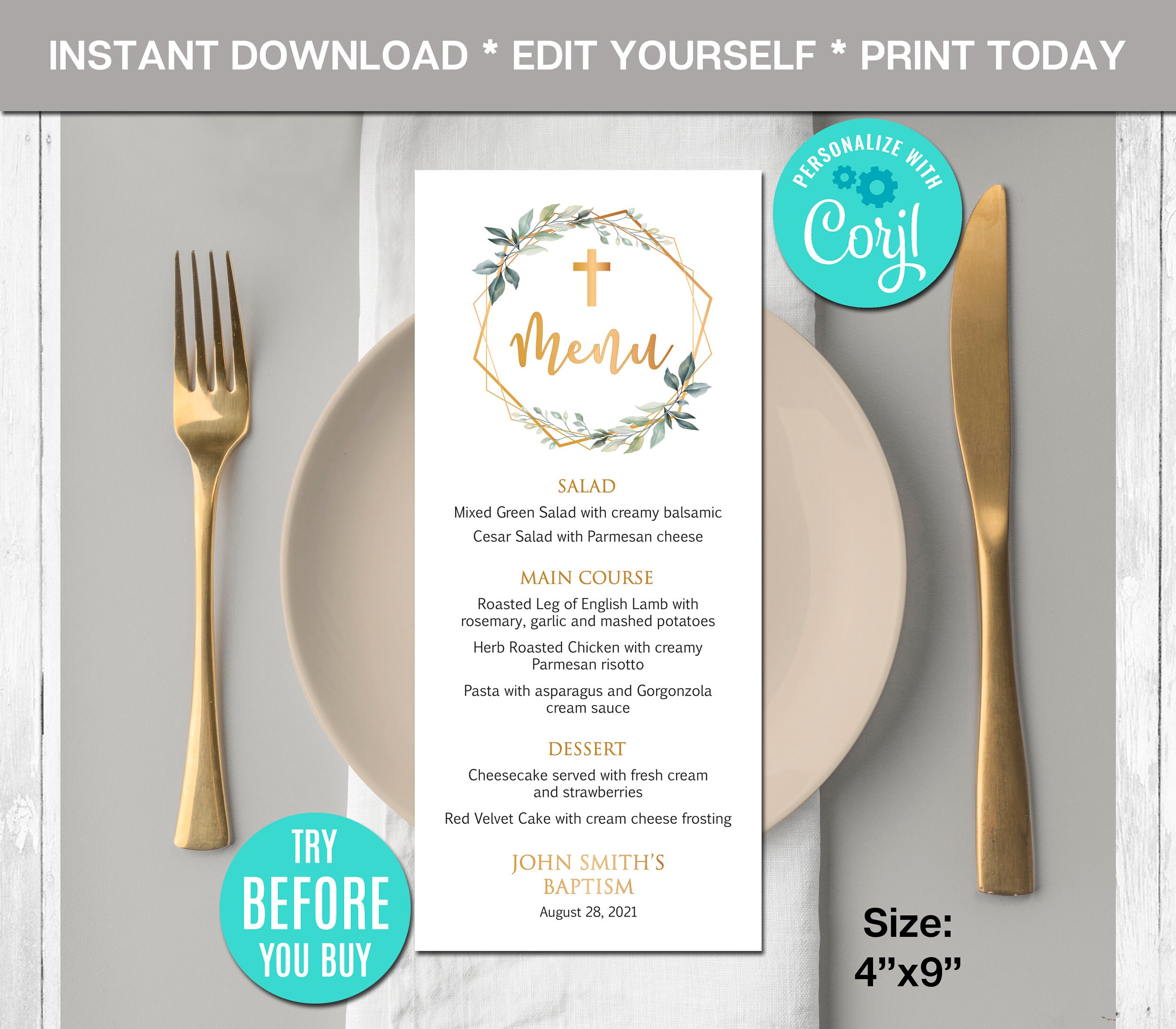Editable Baptism Menu, Boy, Christening, First Communion, Greenery ...