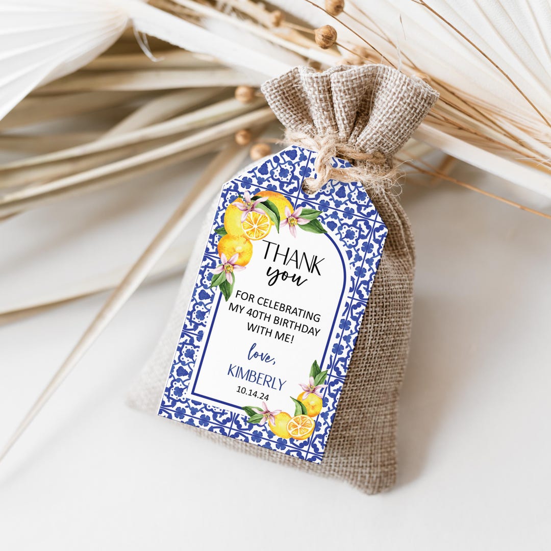 Editable Blue Tile Lemon Birthday Favor Tag Template, Mediterranean ...