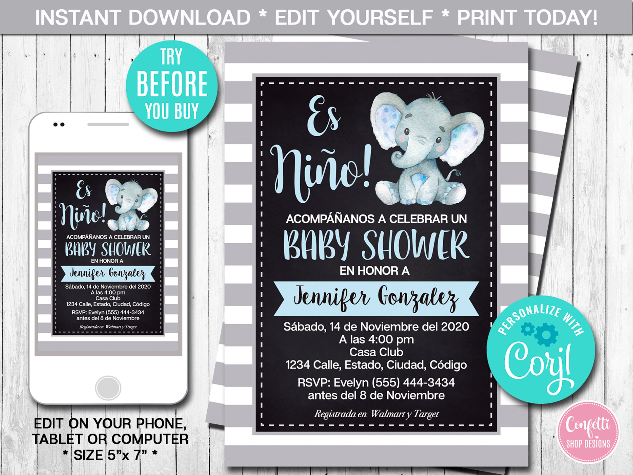 Editable Spanish Elephant Baby Shower Invitation Boy Blue | Etsy