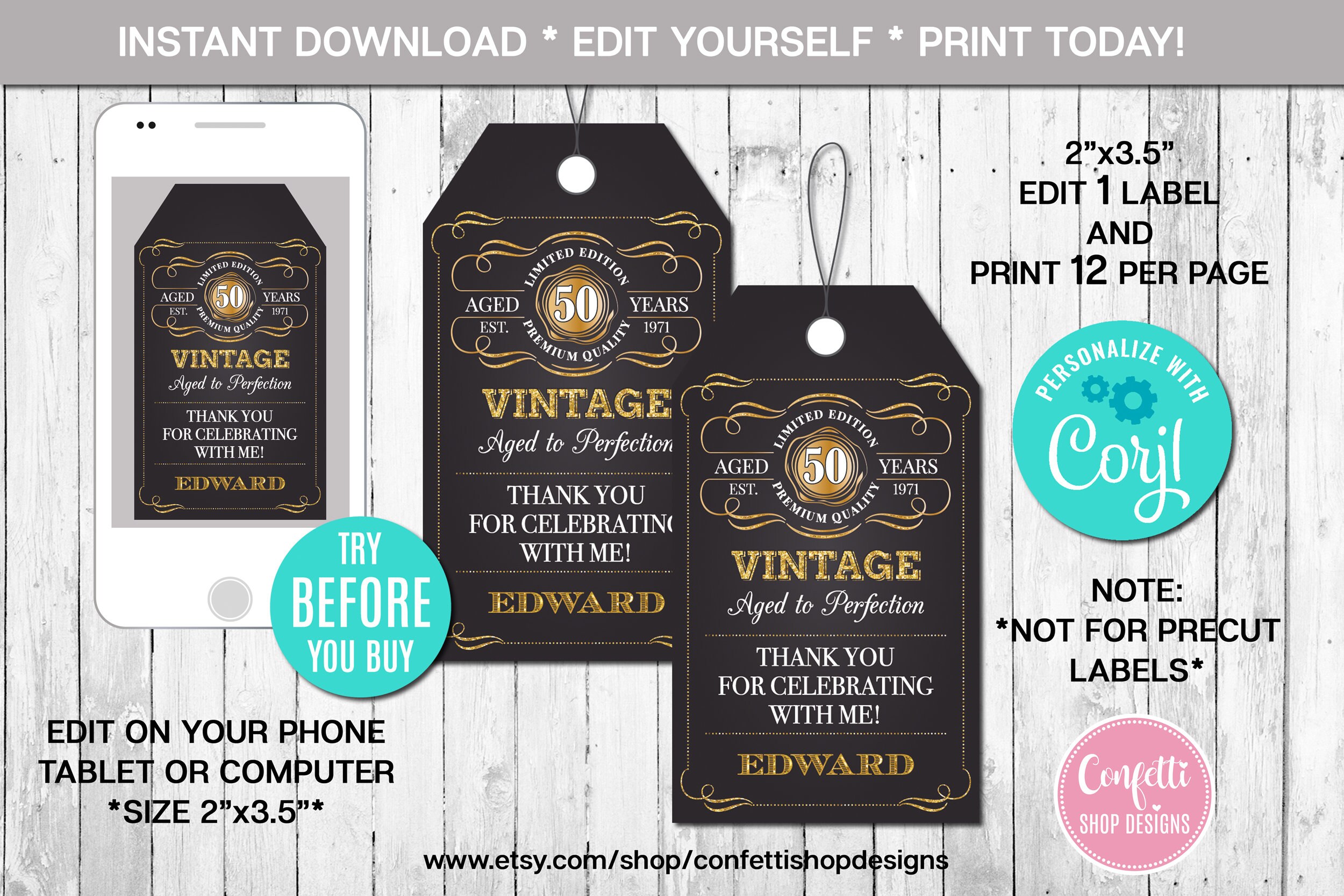 EDITABLE Aged to Perfection Favor Tag Any Age Birthday Thank - Etsy