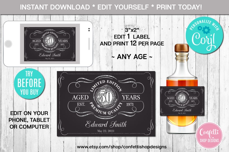 EDITABLE Mini Liquor Bottle Label, Aged to Perfection, Any Age, Silver ...
