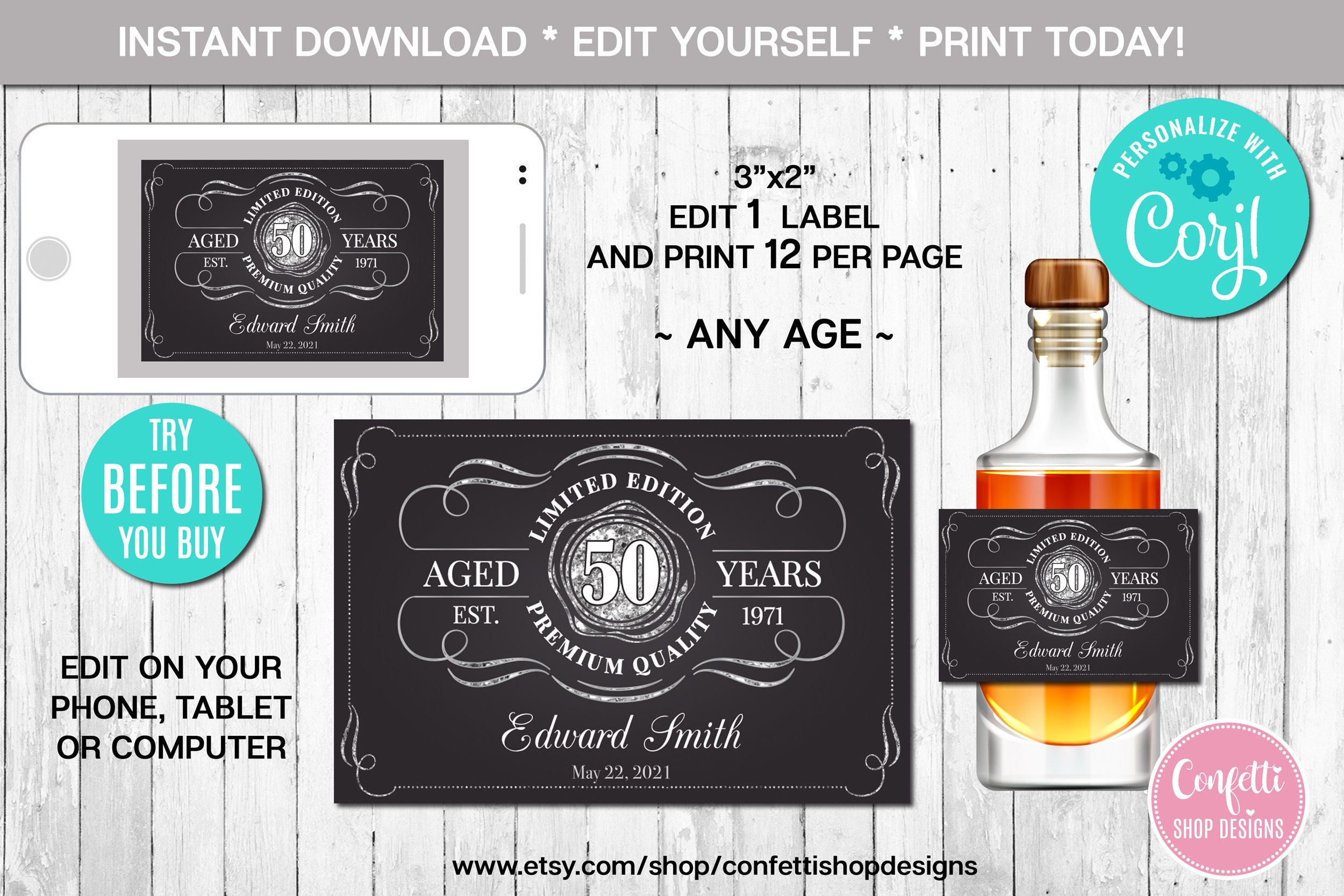 EDITABLE Mini Liquor Bottle Label, Aged to Perfection, Any Age, Silver ...