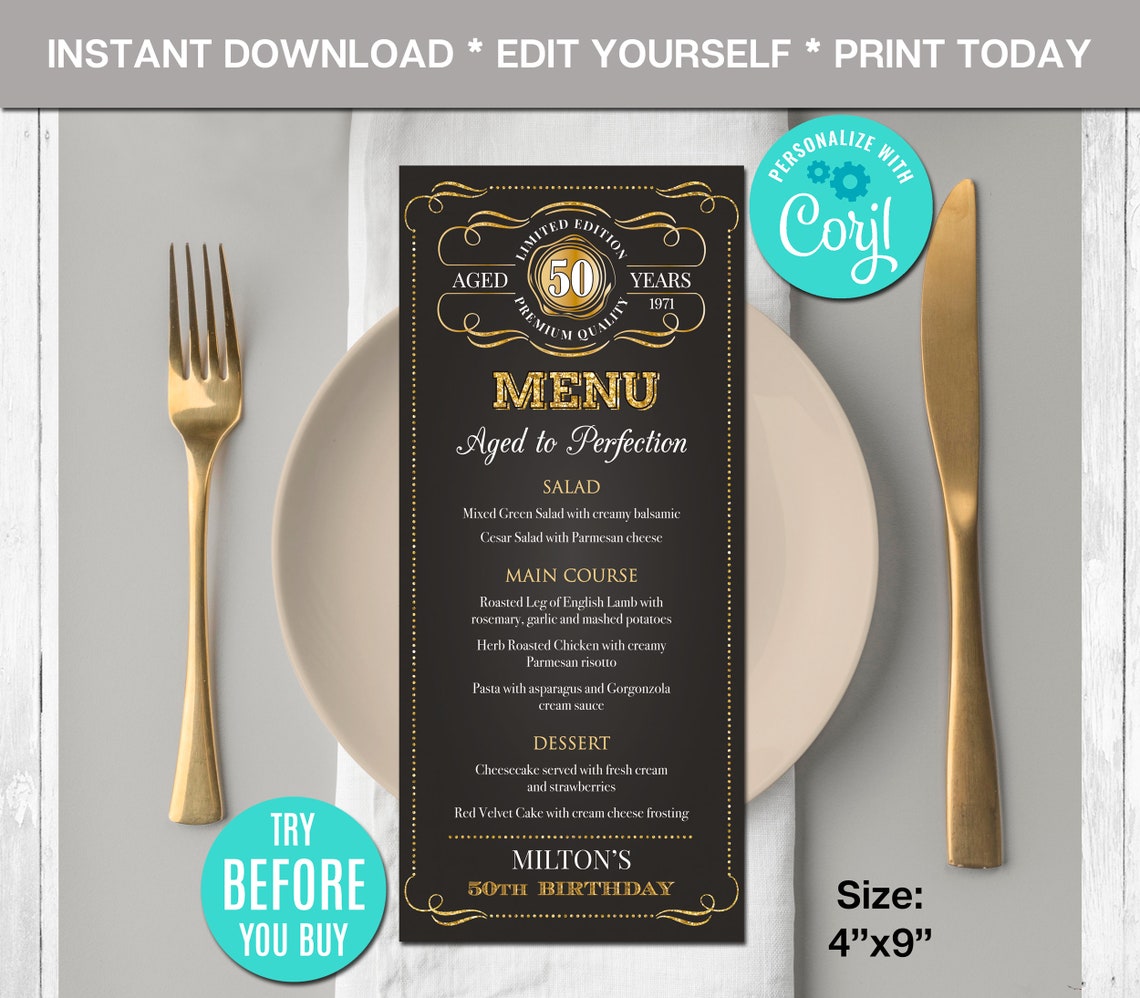 Editable Birthday Menu, Aged to Perfection, Any Age, Menu Card, Gold ...