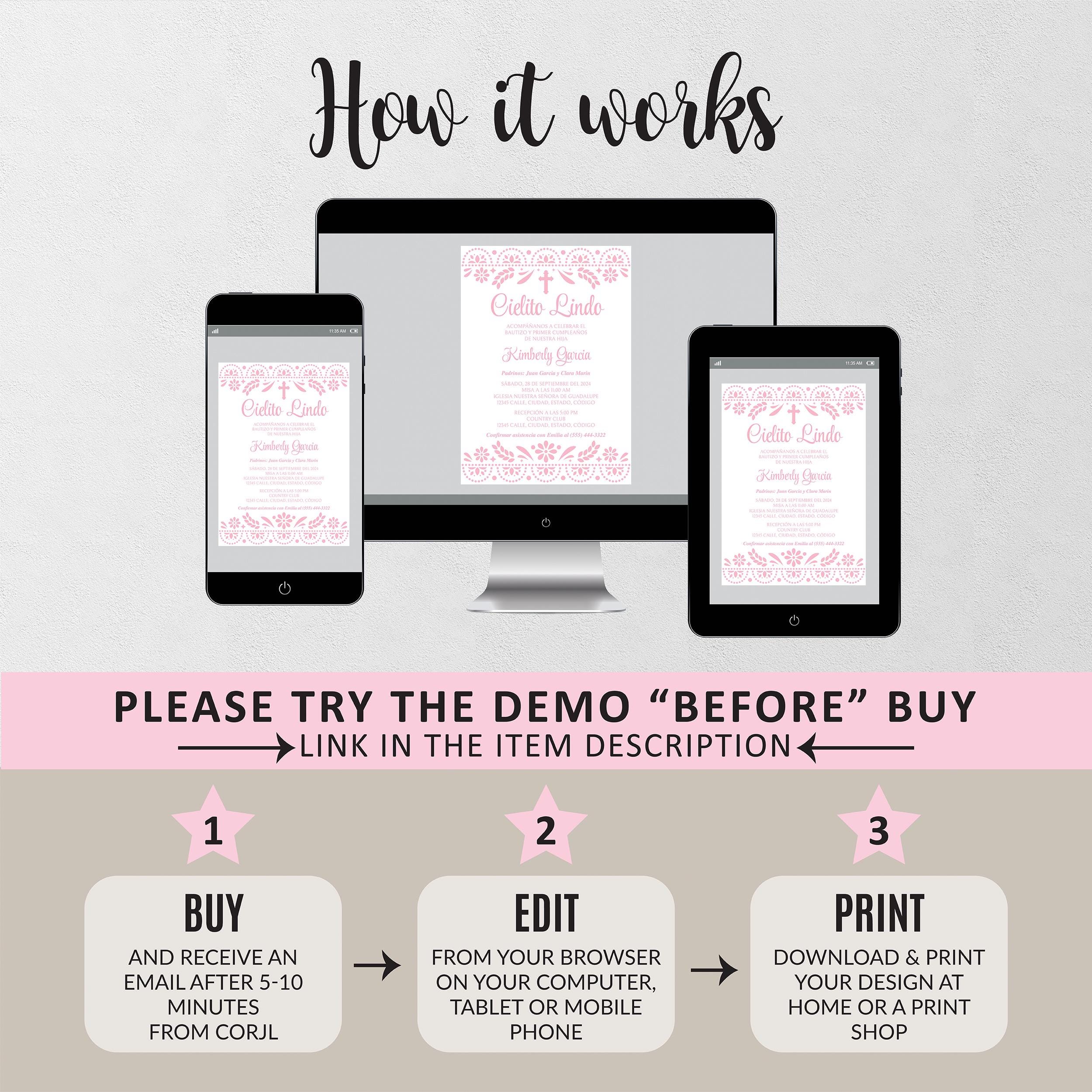 Cielito Lindo Pink Baptism Invitation, Girl, Editable Template, Mexican ...