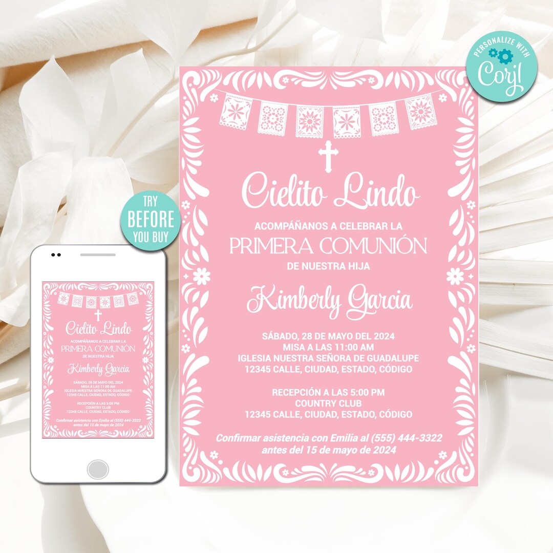 Cielito Lindo First Communion Invitation, Editable Template, Pink Papel ...