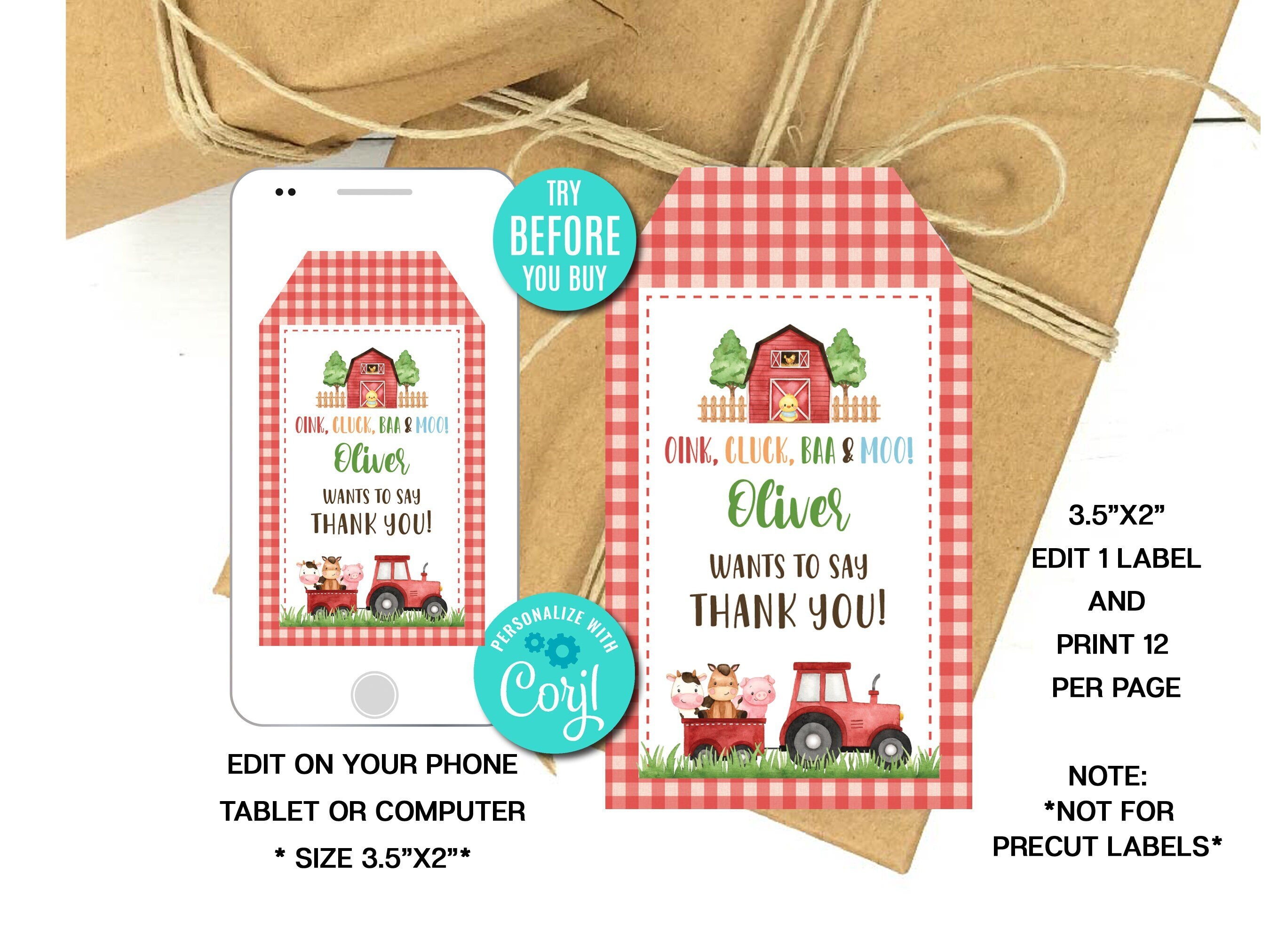 EDITABLE Farm Animals Favor Tag Farm Animals Thank You Tag | Etsy
