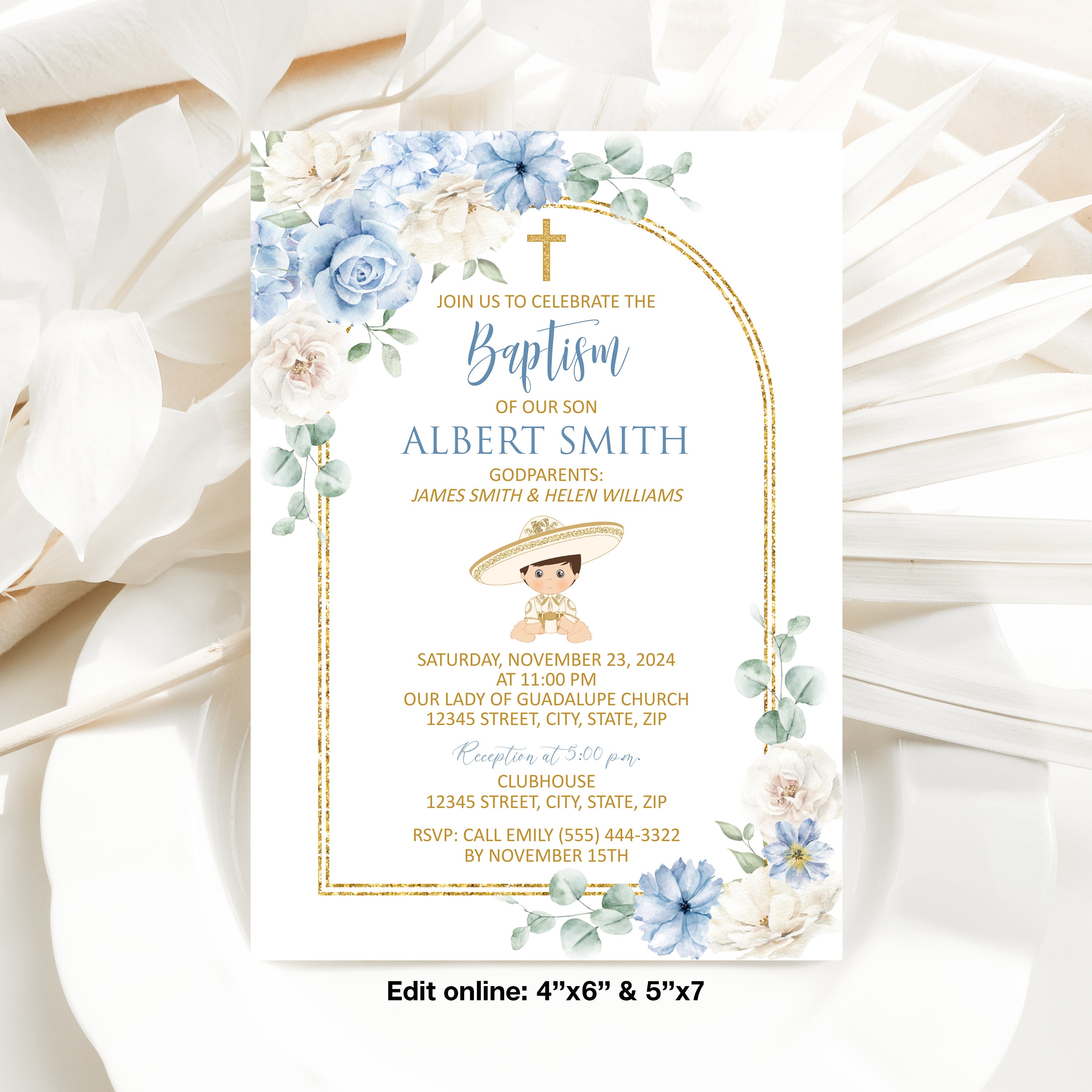 Editable Baptism Invitation Template, Charro Baby, Dustin Blue Flowers ...