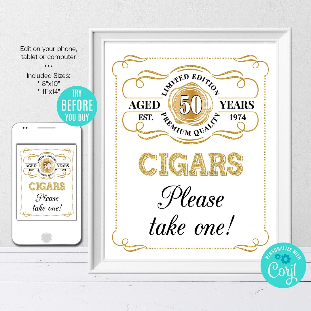Editable Cigars Sign Template, Age to Perfection Birthday Party Sign ...