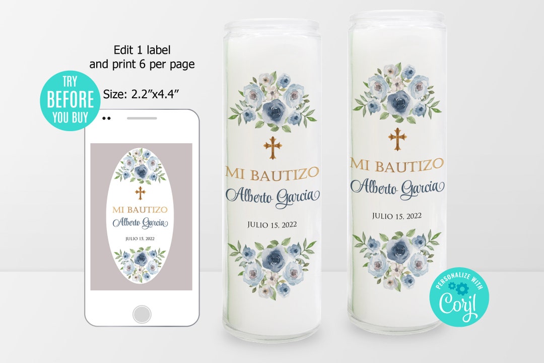 EDITABLE Prayer Candle Label, Boy, Spanish Baptism Candle Label, Blue ...