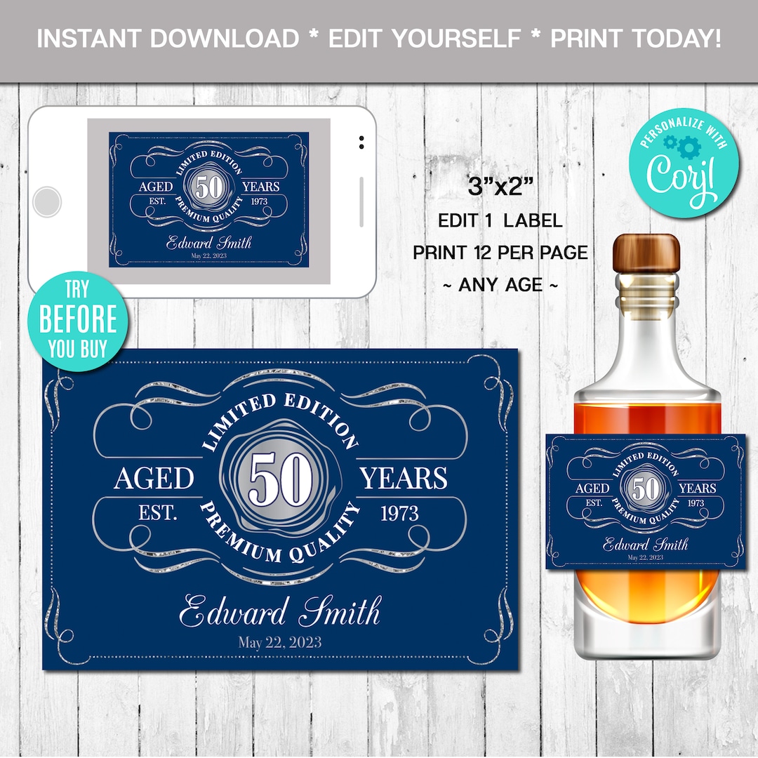 EDITABLE Mini Liquor Bottle Label, Aged to Perfection, Vintage, Any Age ...