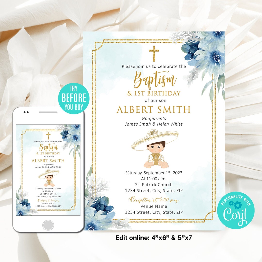 Editable Baptism Invitation, Boy, Gold Charro Boy Baptism Invitation ...