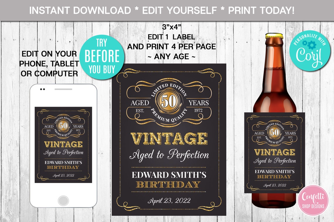EDITABLE Beer Bottle Label Aged to Perfection Any Age Gold - Etsy