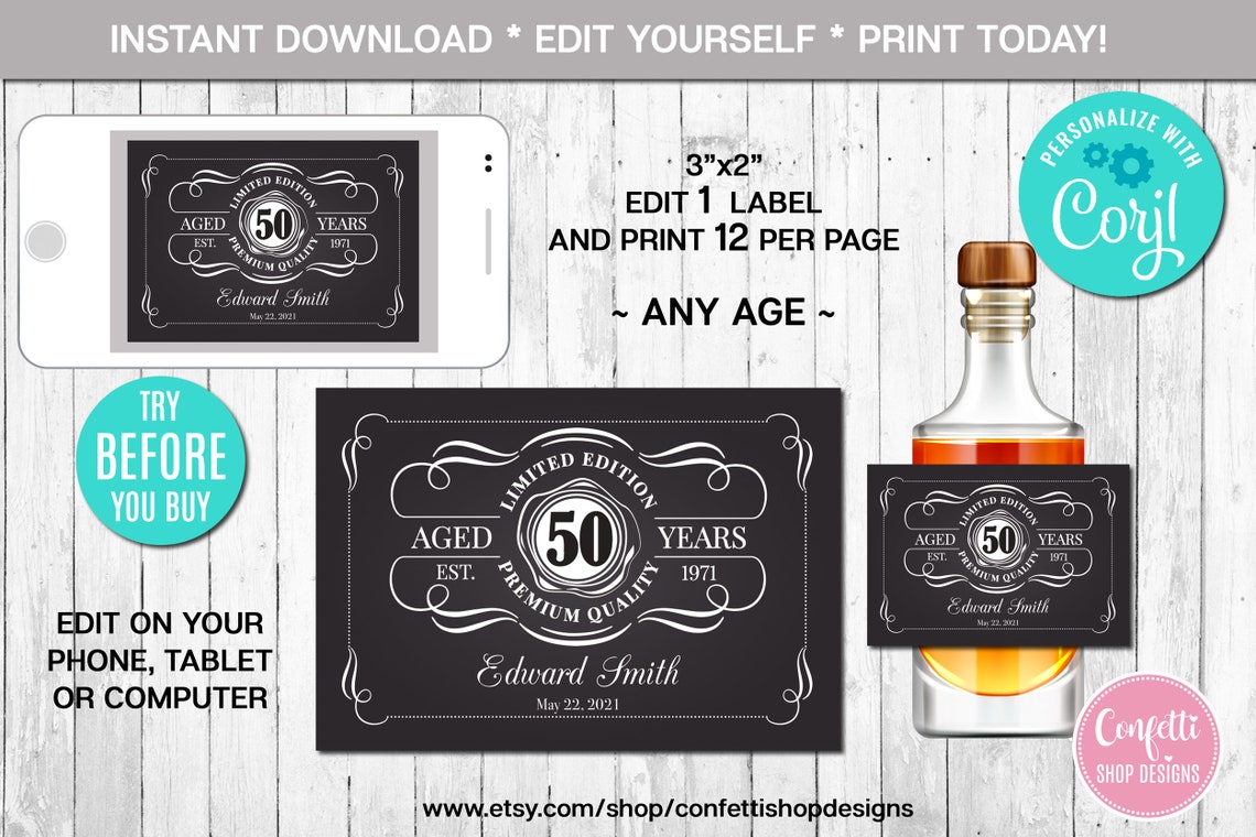 EDITABLE Wine Bottle Label, Aged to Perfection, Any Age, White, Whiskey ...