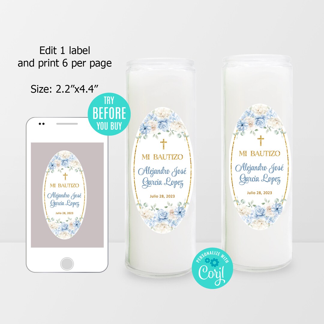 EDITABLE Candle Prayer Label, Spanish Baptism Candle Label, Blue ...