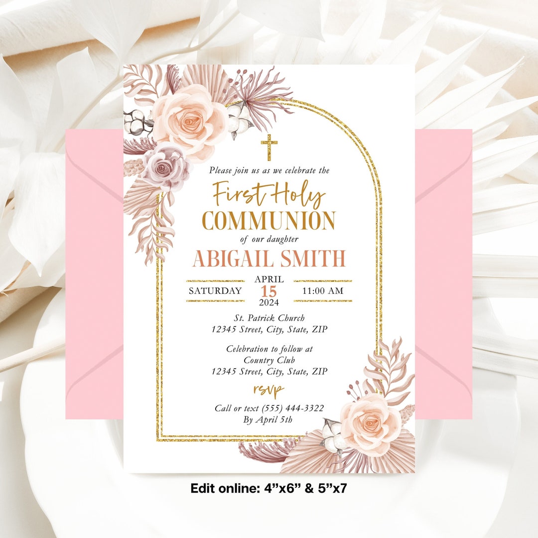 Editable First Holy Communion Invitation, Girl, Editable Pampas Grass ...