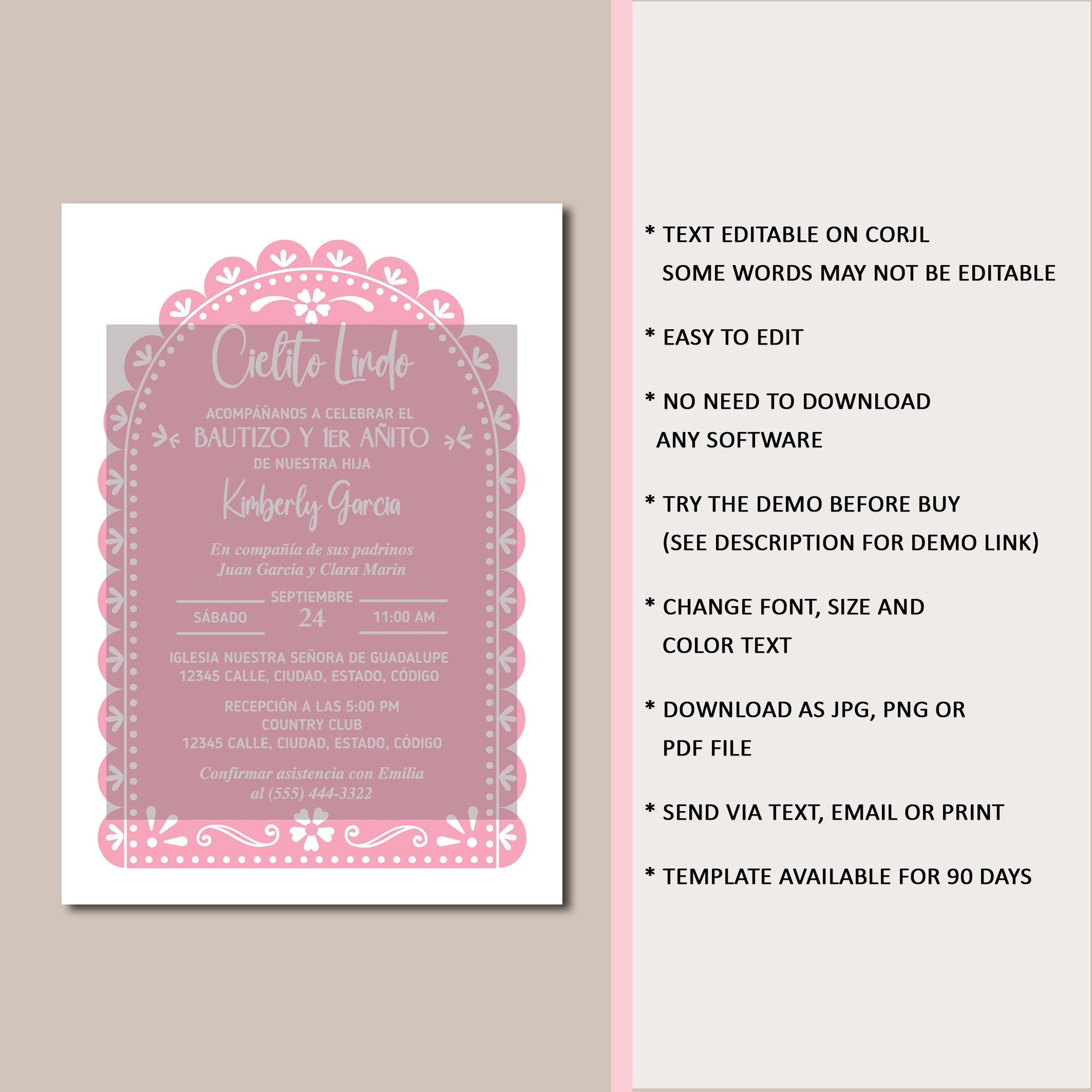 Cielito Lindo Baptism and 1st Birthday Invitation, Editable Template ...