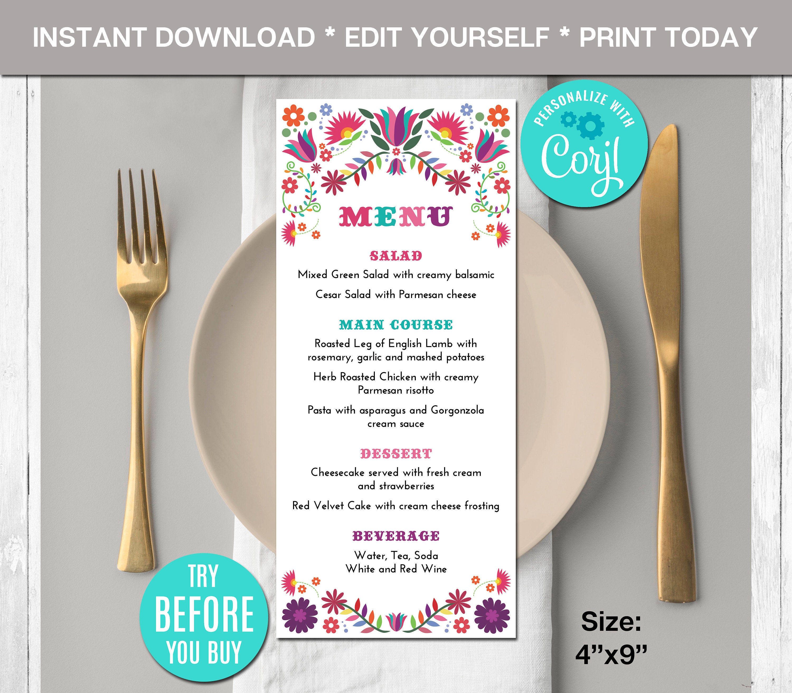 Editable Mexican Menu, Mexican Birthday, Mexican Flowers, Menu Card ...