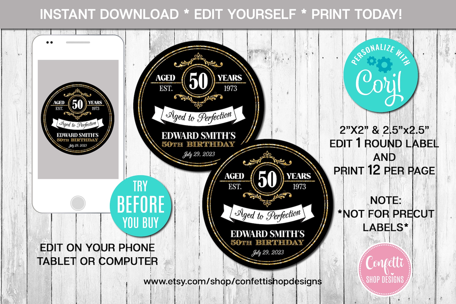 EDITABLE Mini Liquor Bottle Label, Aged to Perfection, Vintage, Any Age ...