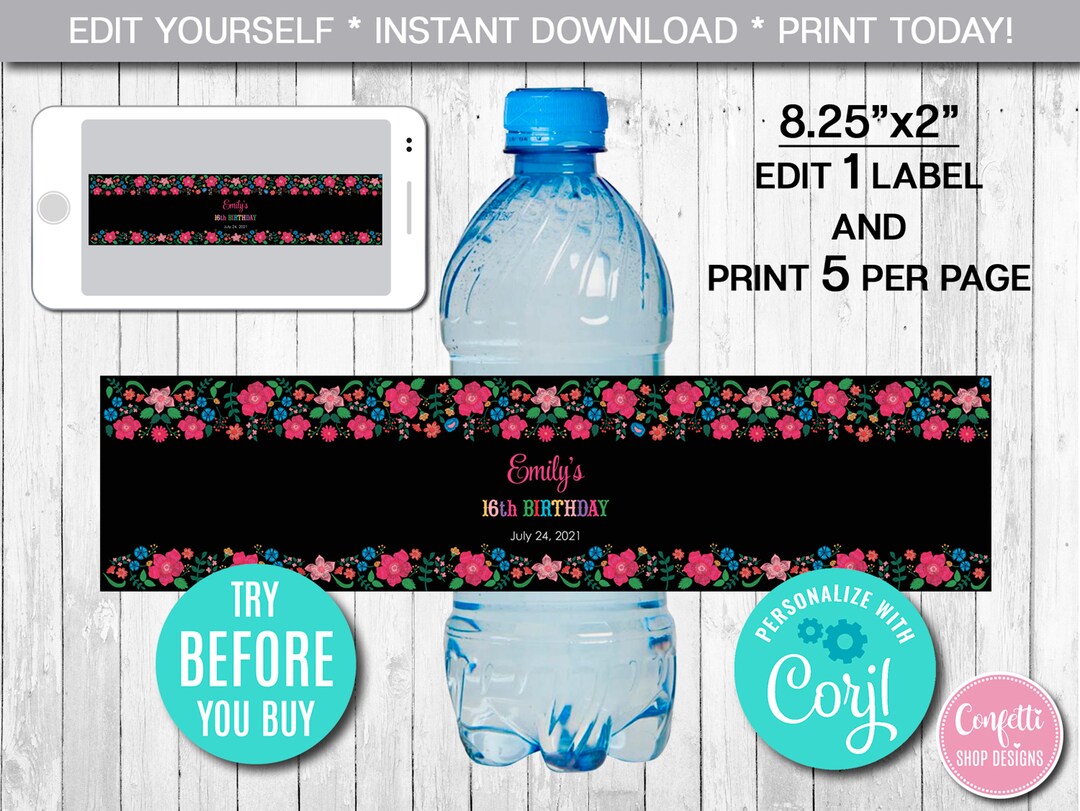 Editable Mexican Water Bottle Labels, Fiesta Mexican Party, Mexican ...