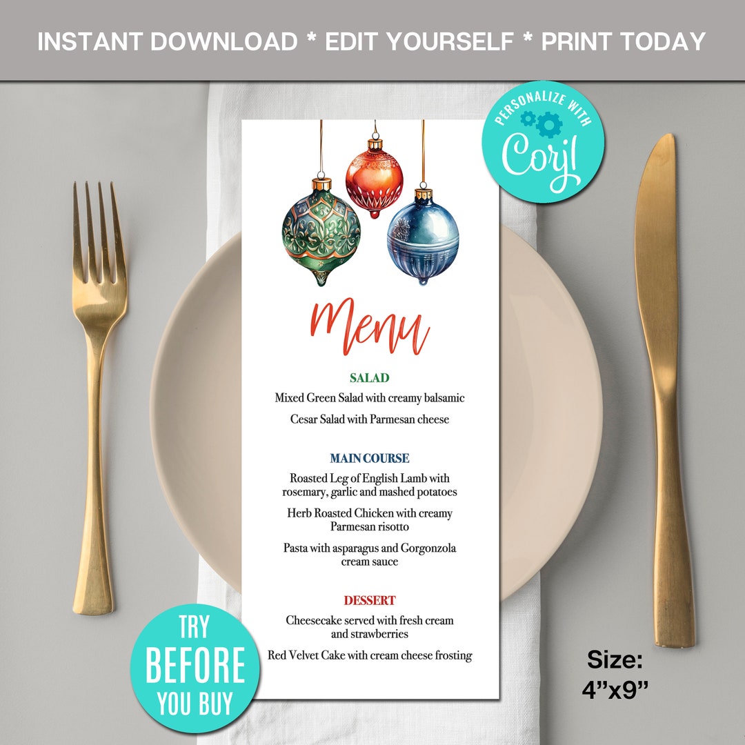 Editable Christmas Menu Template, Holiday Menu Template, Ornaments ...