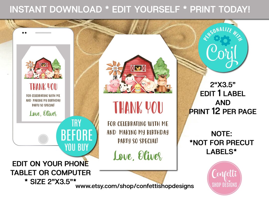 Farm Animals Thank You Tag, Editable Birthday Favor (digital Download ...