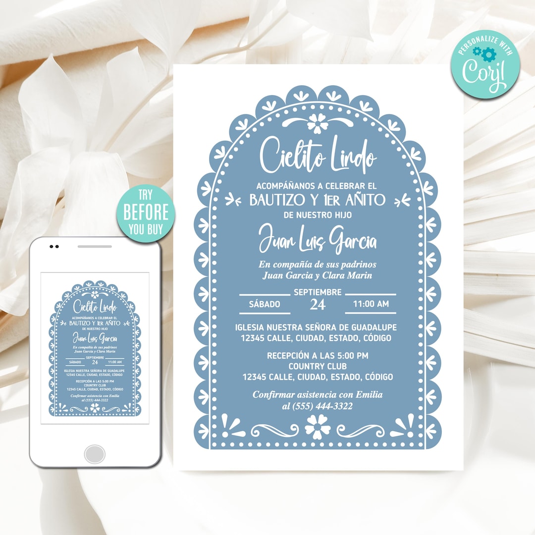Cielito Lindo Baptism and 1st Birthday Invitation, Spanish Editable ...