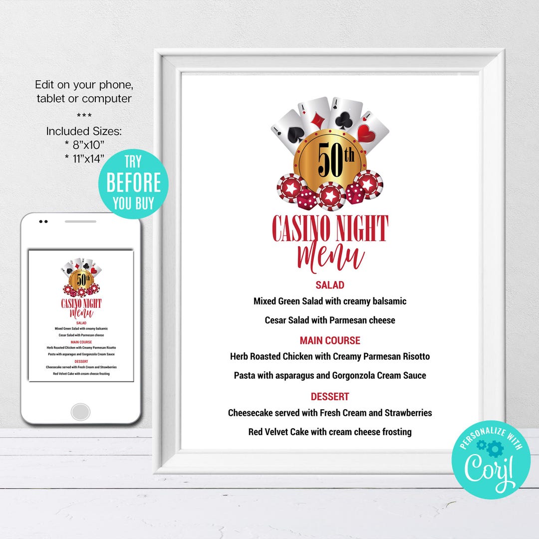 Editable Casino Night Menu Template, Fifty Birthday Party Sign ...