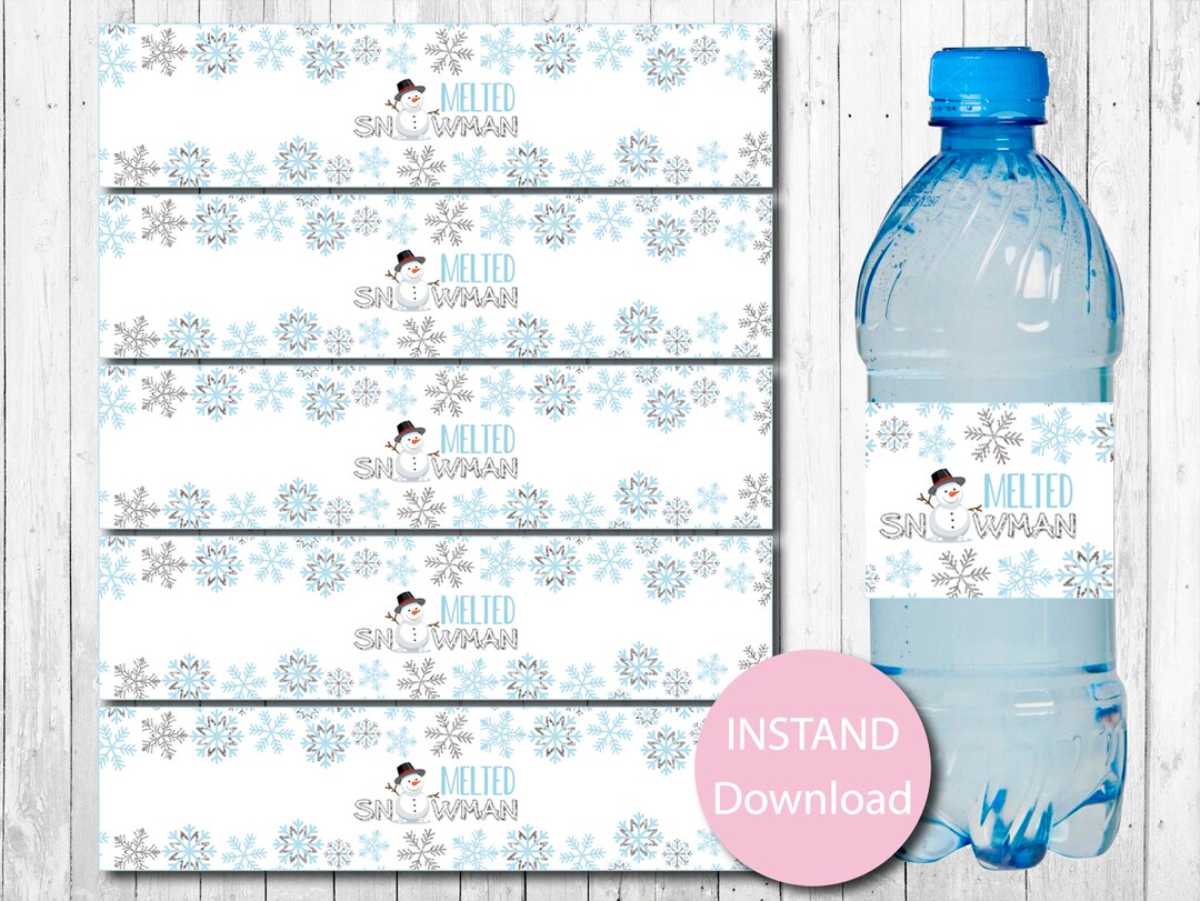 Melted Snowman Water Bottle Labels, Blue and Silver, Water Bottle ...
