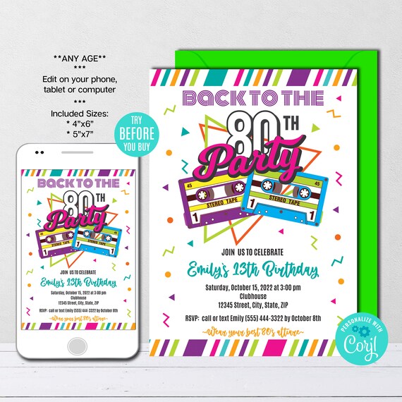 Editable 80's Birthday Invitation 80's Party - Etsy