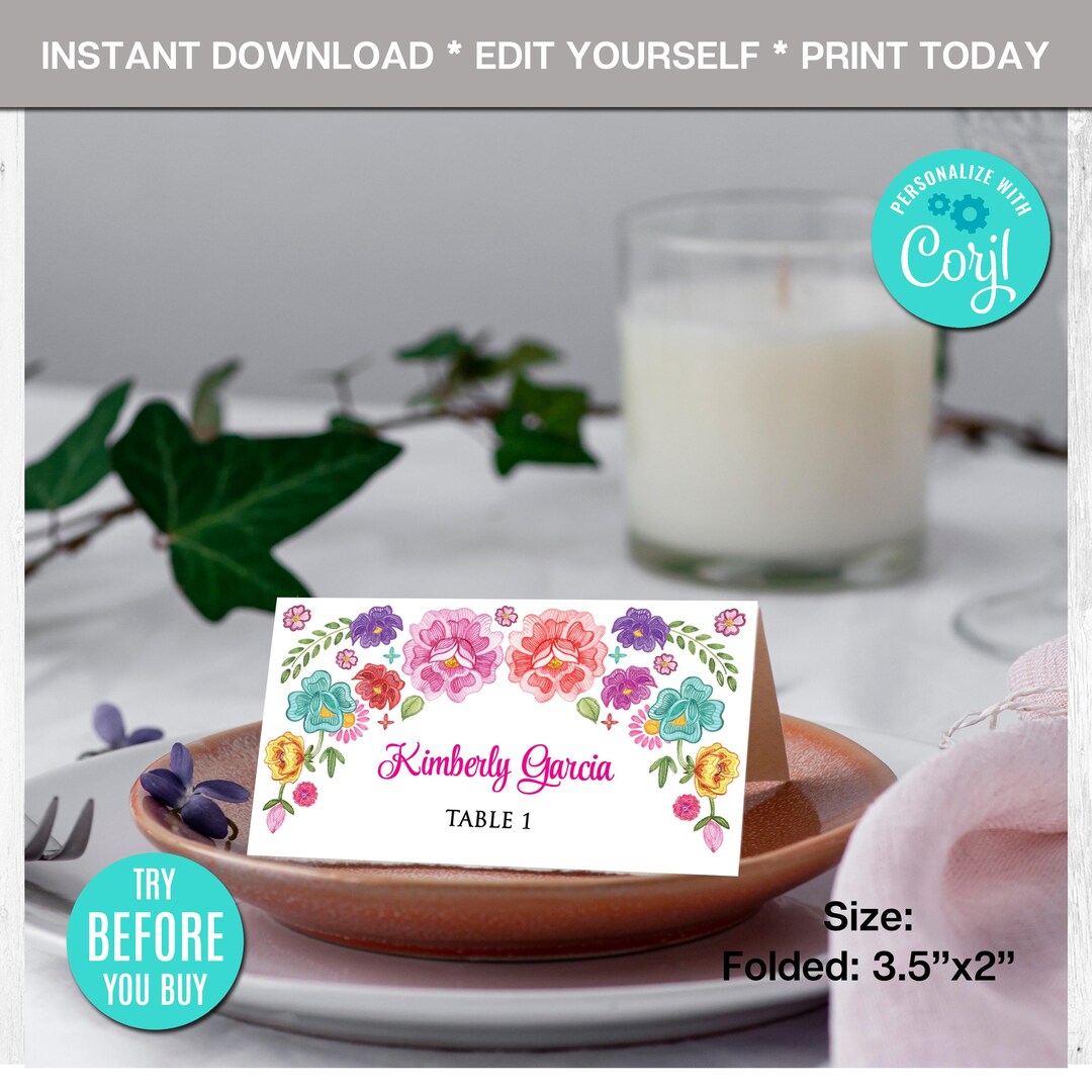 Fiesta Place Card Template, Mexican Flowers Party Food Tent Label ...