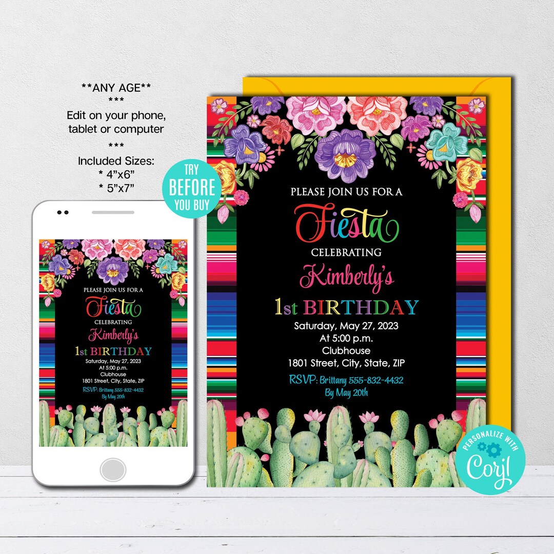 Editable Mexican Birthday Invitation, Mexican Fiesta Invitation, Cactus ...