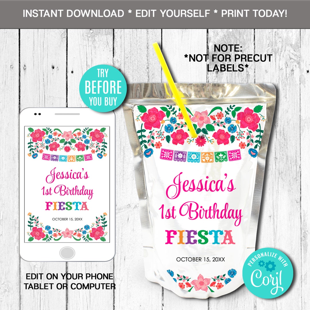 Editable Mexican Flowers Fiesta Juice Pouch Labels, Colorful, Mexican ...