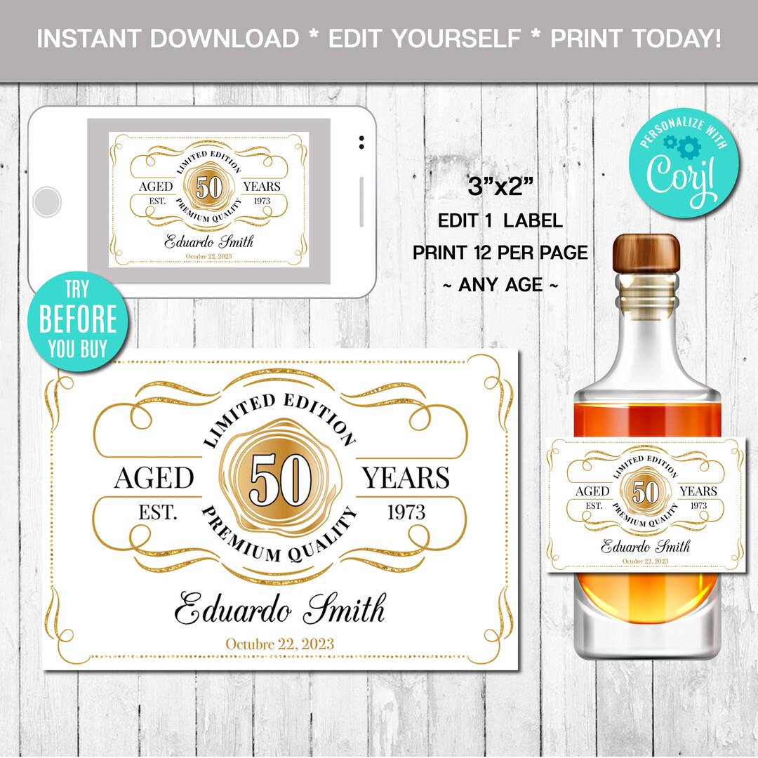 EDITABLE Mini Liquor Bottle Label, Aged to Perfection, Vintage, Any Age ...