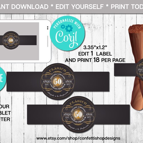 Editable Cigar Labels 50th Birthday Any Age Cigar Band Gold - Etsy