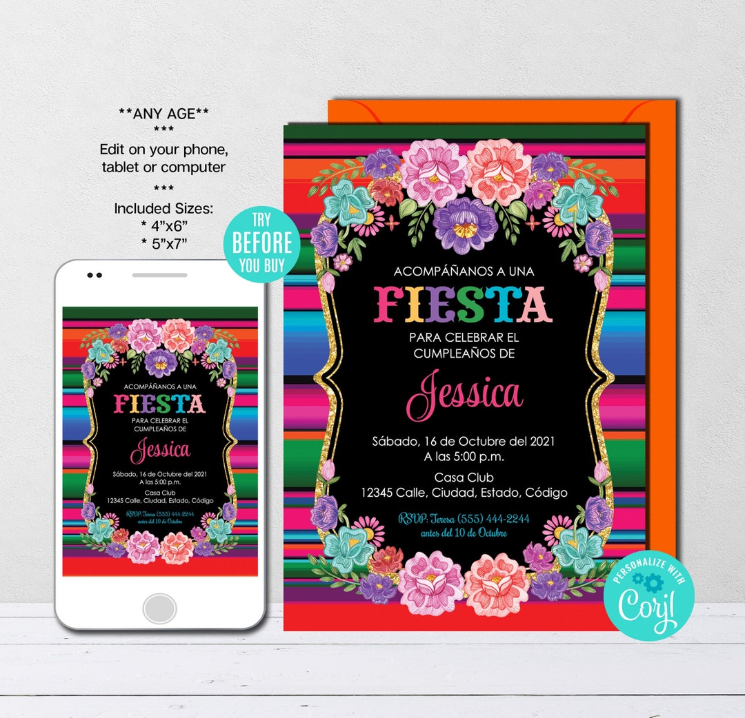 Editable Mexican Birthday Invitation Spanish Mexican Flowers - Etsy
