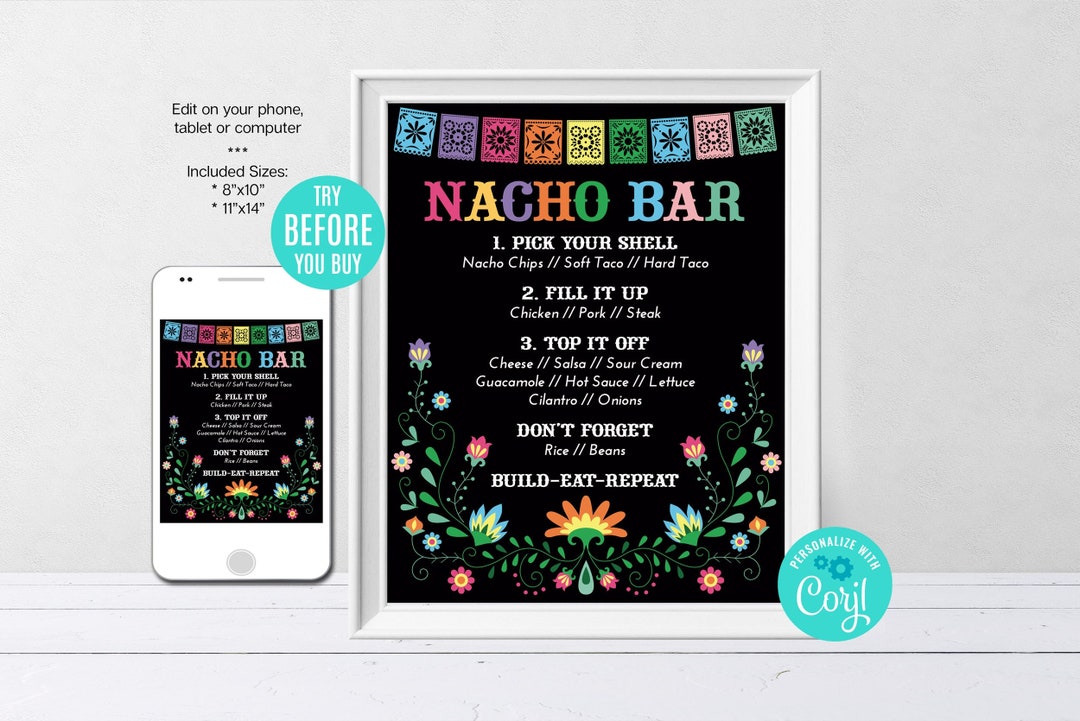 Editable Nacho Bar Menu Sign, Fiesta Party Menu, Mexican Party, Mexican ...