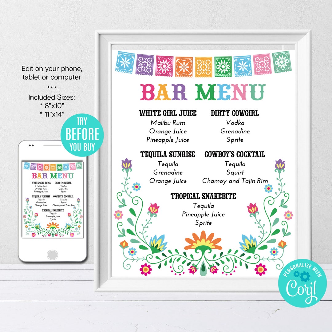 Editable Bar Menu Sign, Fiesta Party Menu, Drinks, Mexican Party ...